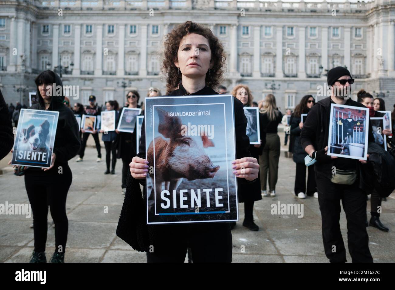 Madrid, Spain. 10th Dec, 2022. Protesters hold photographs of animals ...