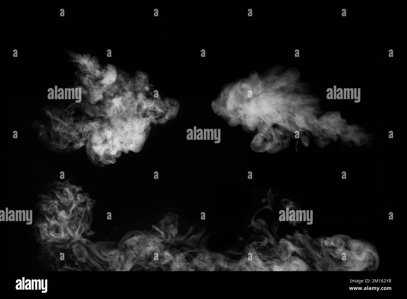 A set of 3 different steam, smoke, gas isolated on a black background ...