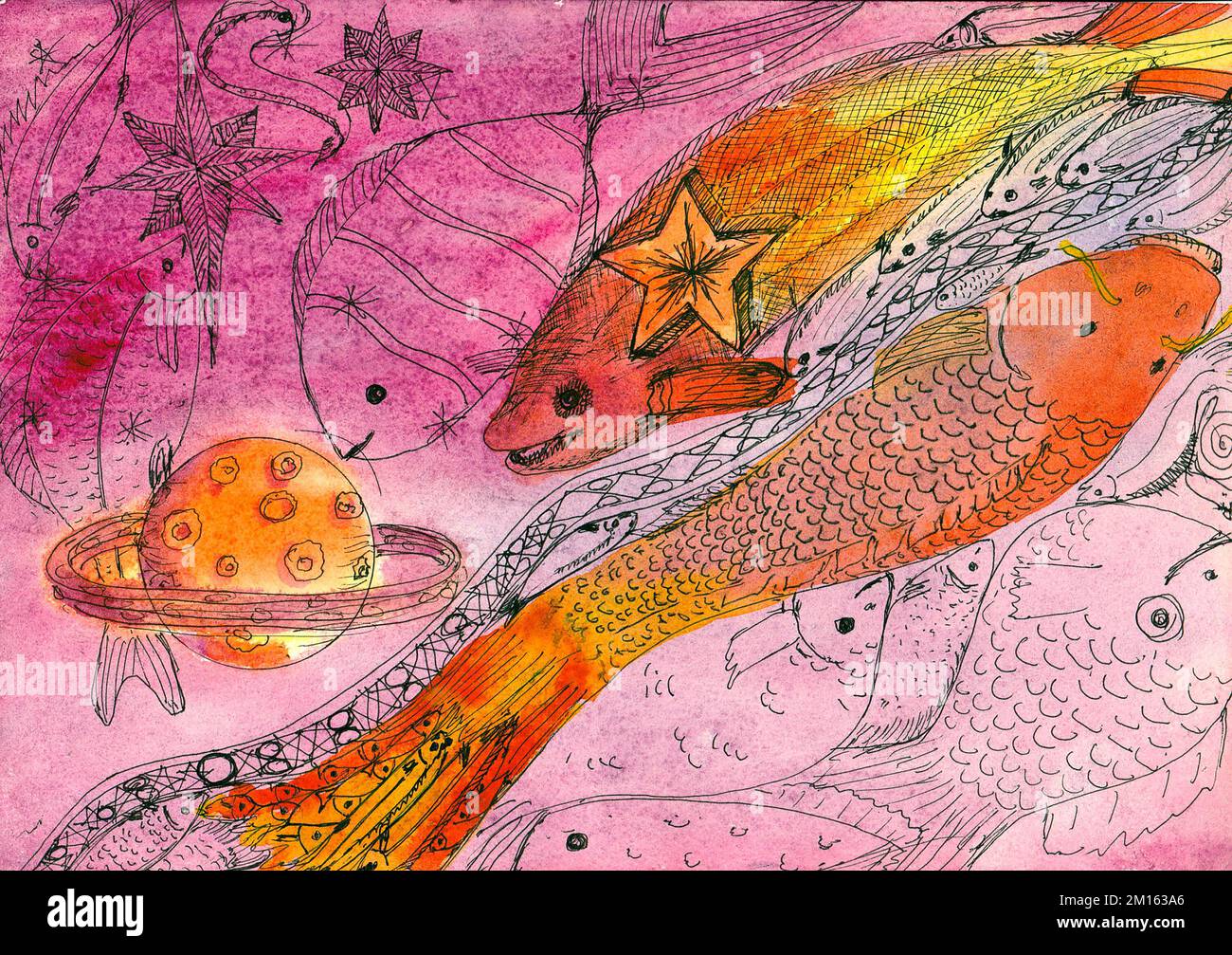 Multicolored watercolor abstraction. Pink and orange fish. Bright ...