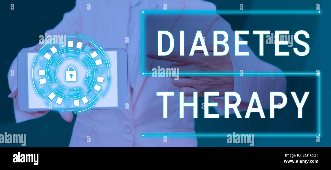Hand writing sign Diabetes Therapy. Concept meaning aim to achieve ...