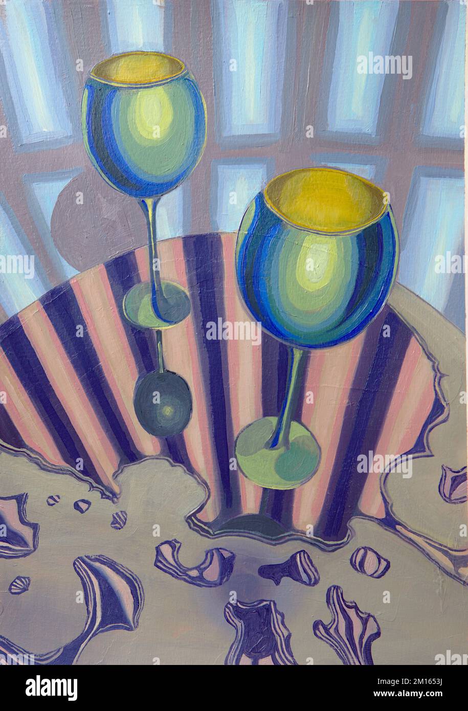 painting of two goblets on a wet table with stripy background Stock ...