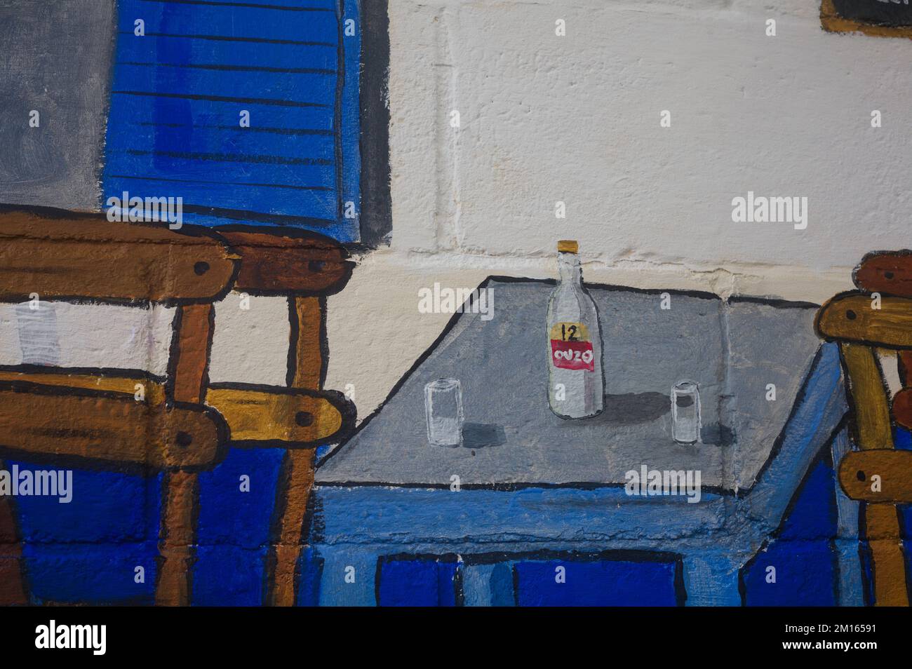 still life painting of dining table, wooden chairs, Ouzo bottle and ...