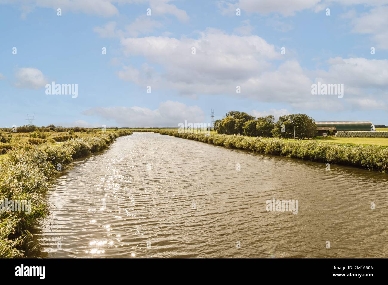 a river in the middle of a field with green grass and trees on either ...