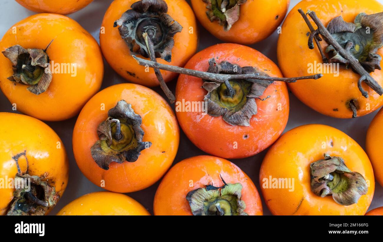 Persimmon fruit. Group of fresh organic ripe persimmon fruits high ...