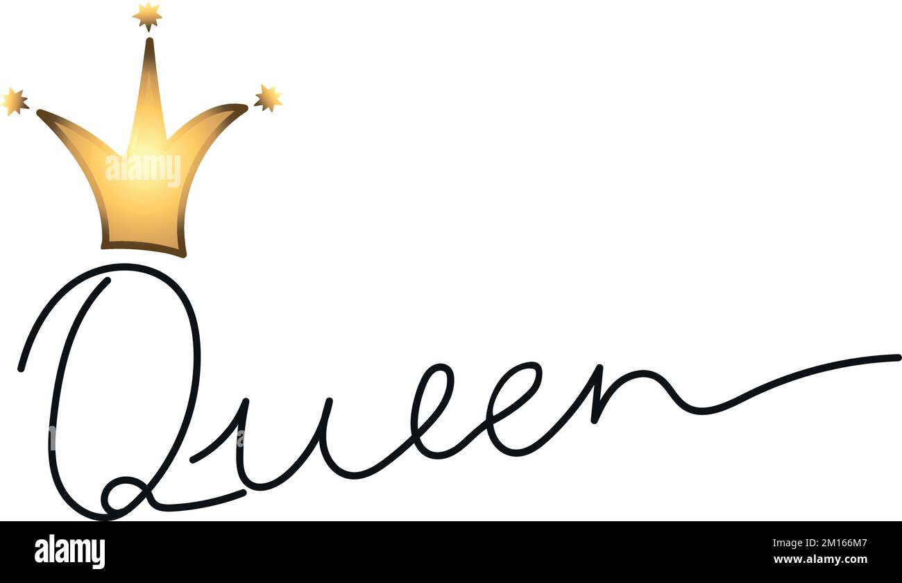 Queen. Hand drawn lettering isolated on white. Little gold crown ...