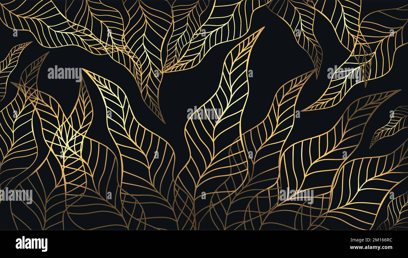 Luxury gold and black background with plants. Leaf outline. Minimal art ...