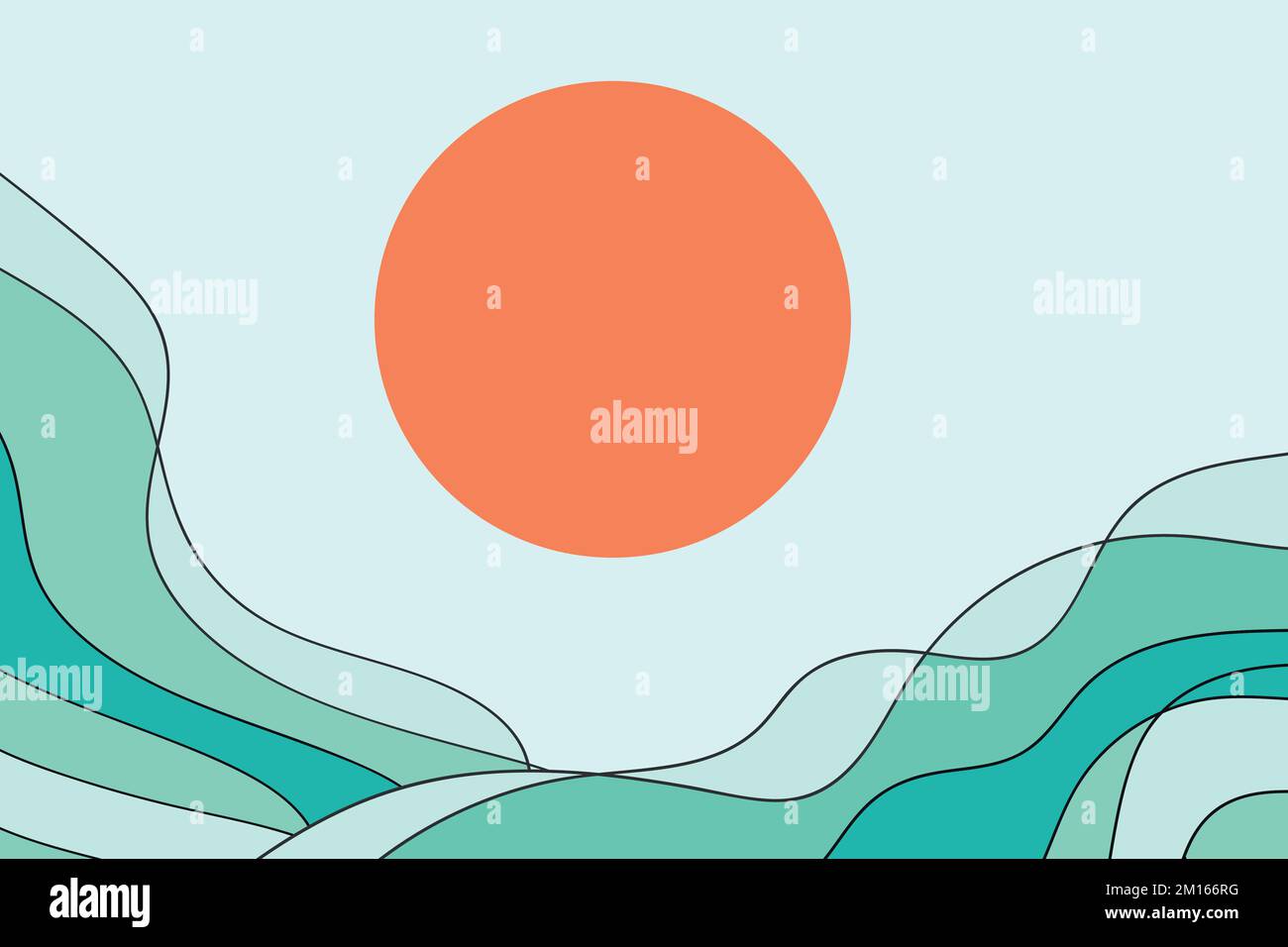 Sun under the waves. Simple art. Blue ocean waves and orange sun in the ...