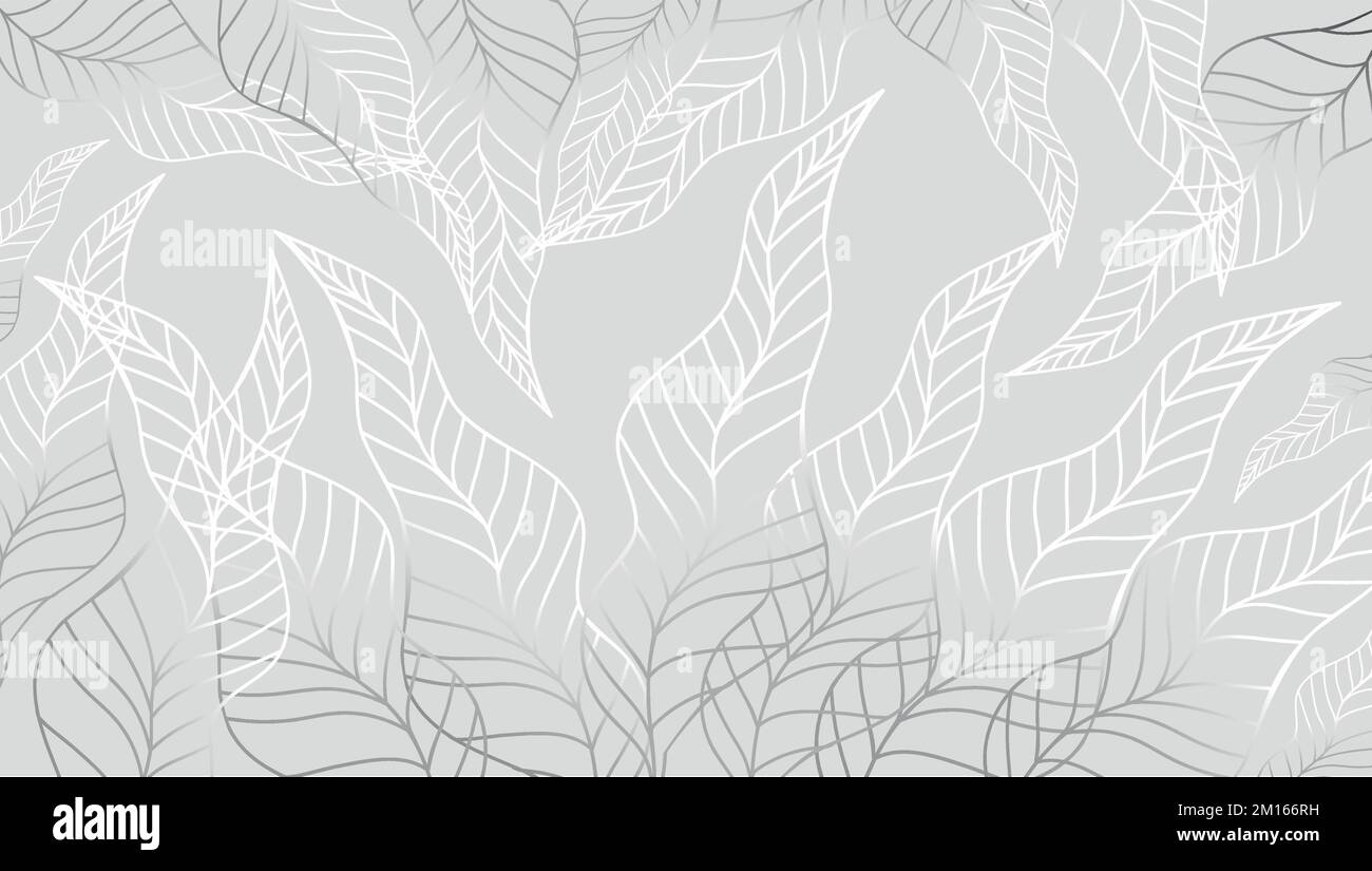 Luxury silver and white background with plants. Leaf outline. Minimal ...