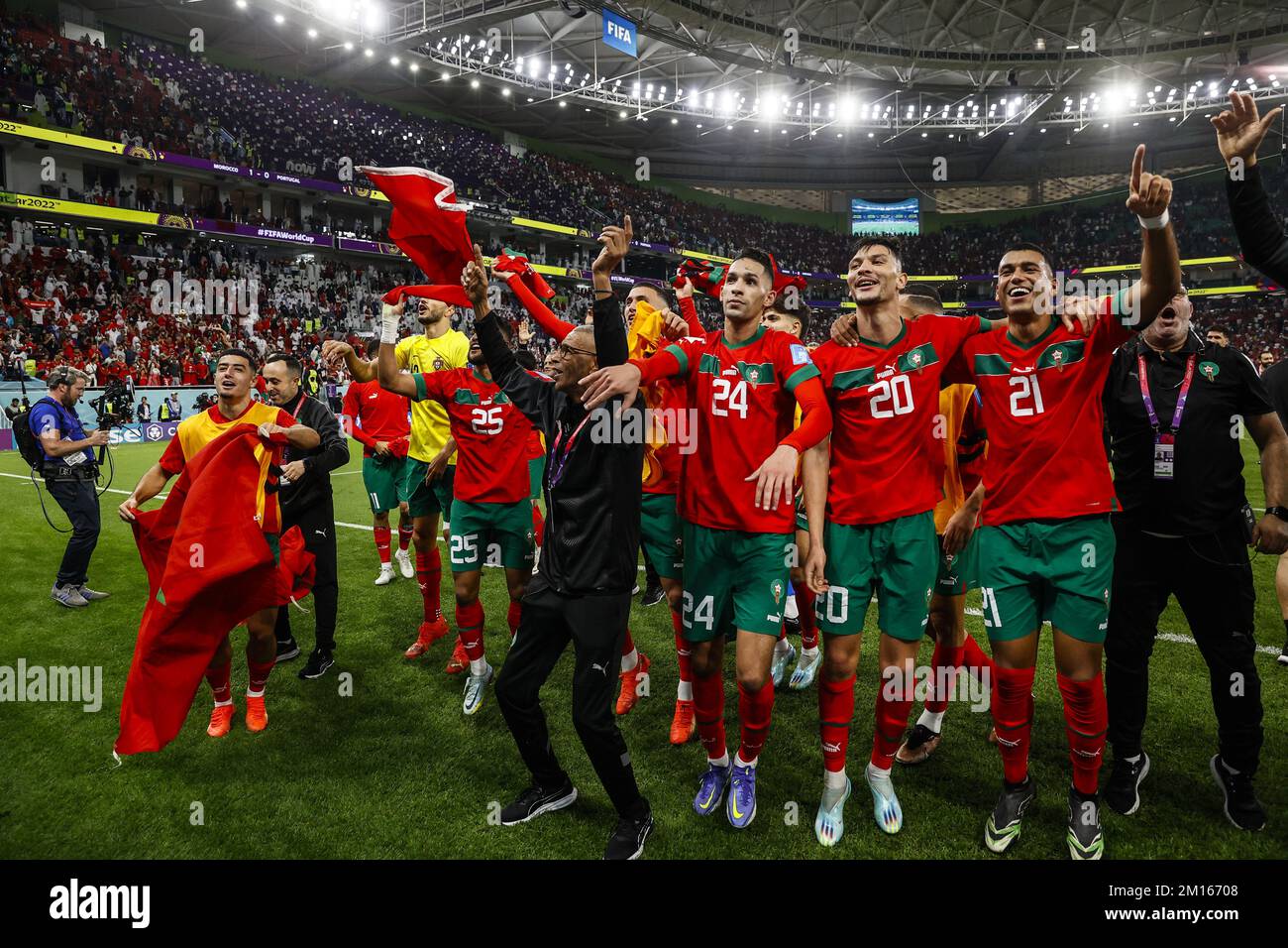 DOHA - Qatar, 10/12/2022,DOHA - Players of Morocco celebrate victory ...