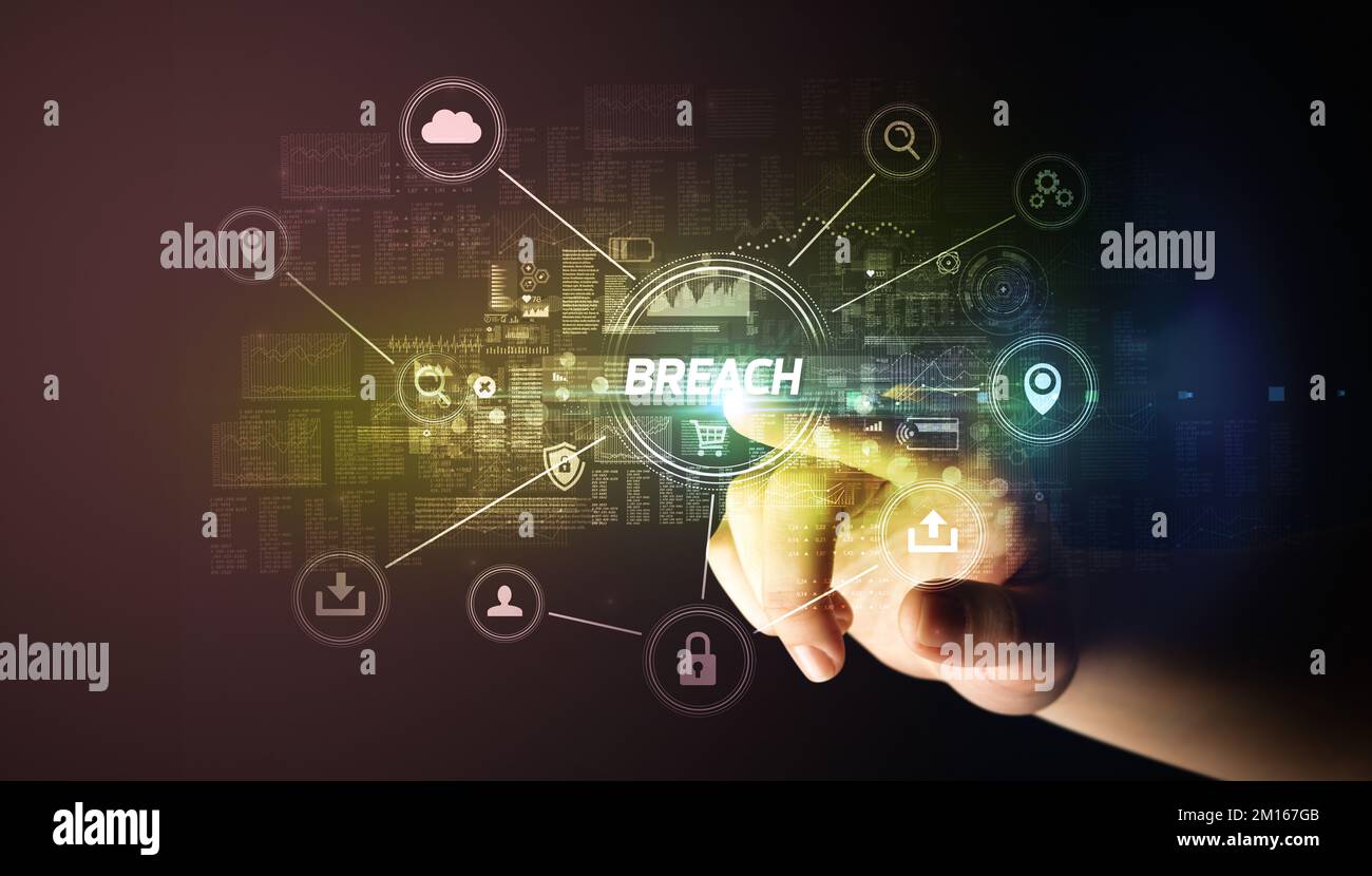 Hand touching cybersecurity button concept Stock Photo - Alamy