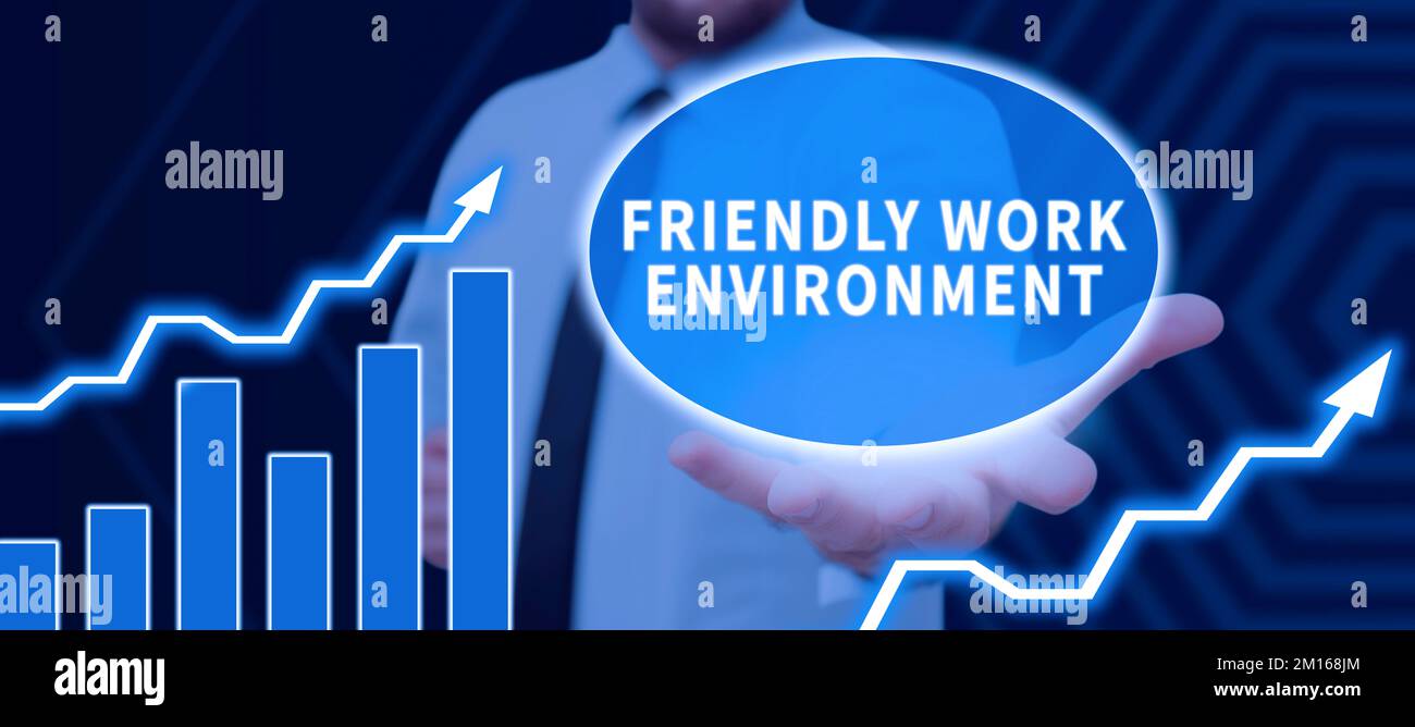 Sign displaying Friendly Work Environment. Business overview future ...