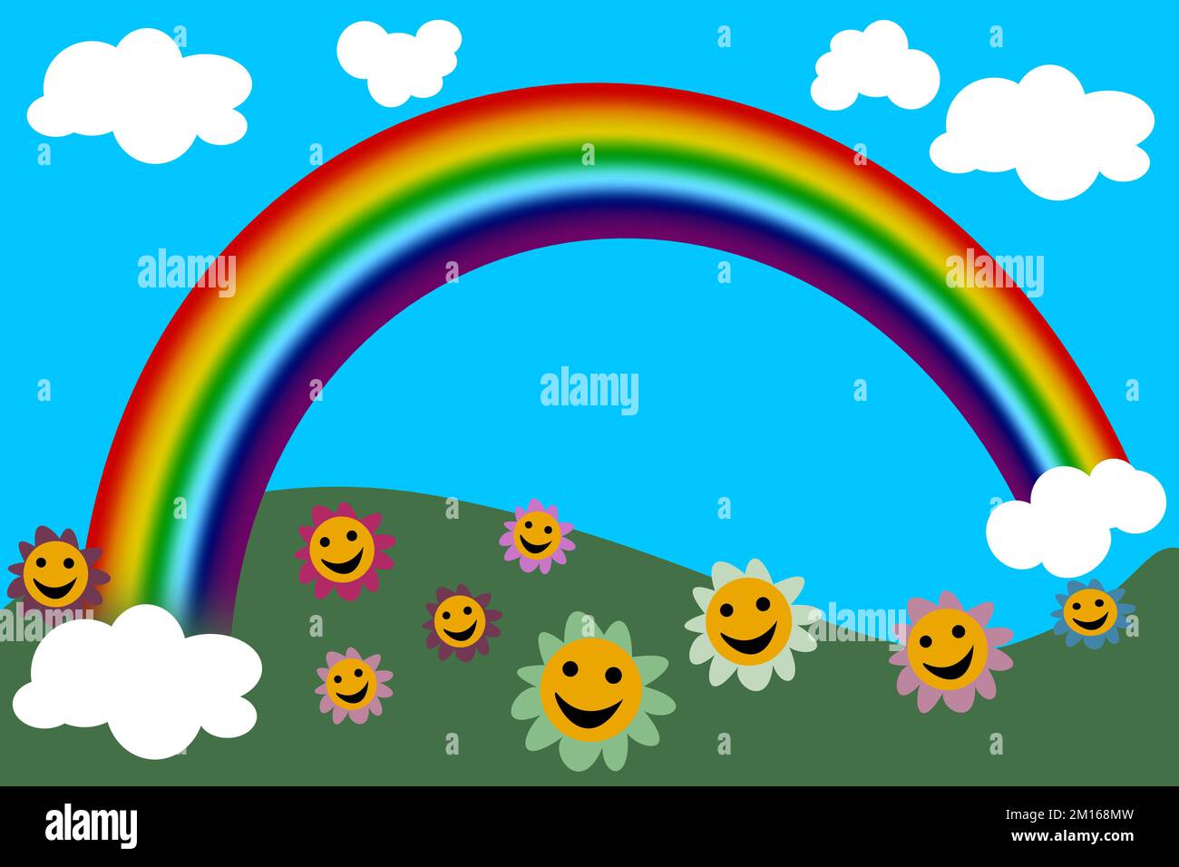 Illustration of a very colorful rainbow in a meadow with flowers drawn ...
