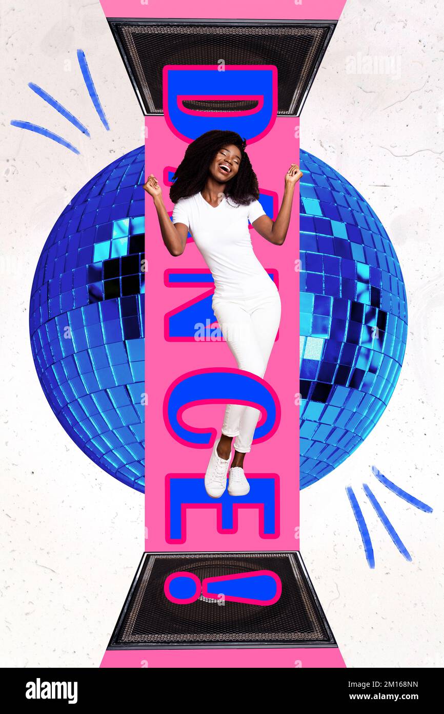 Vertical creative collage image of overjoyed positive girl enjoy ...