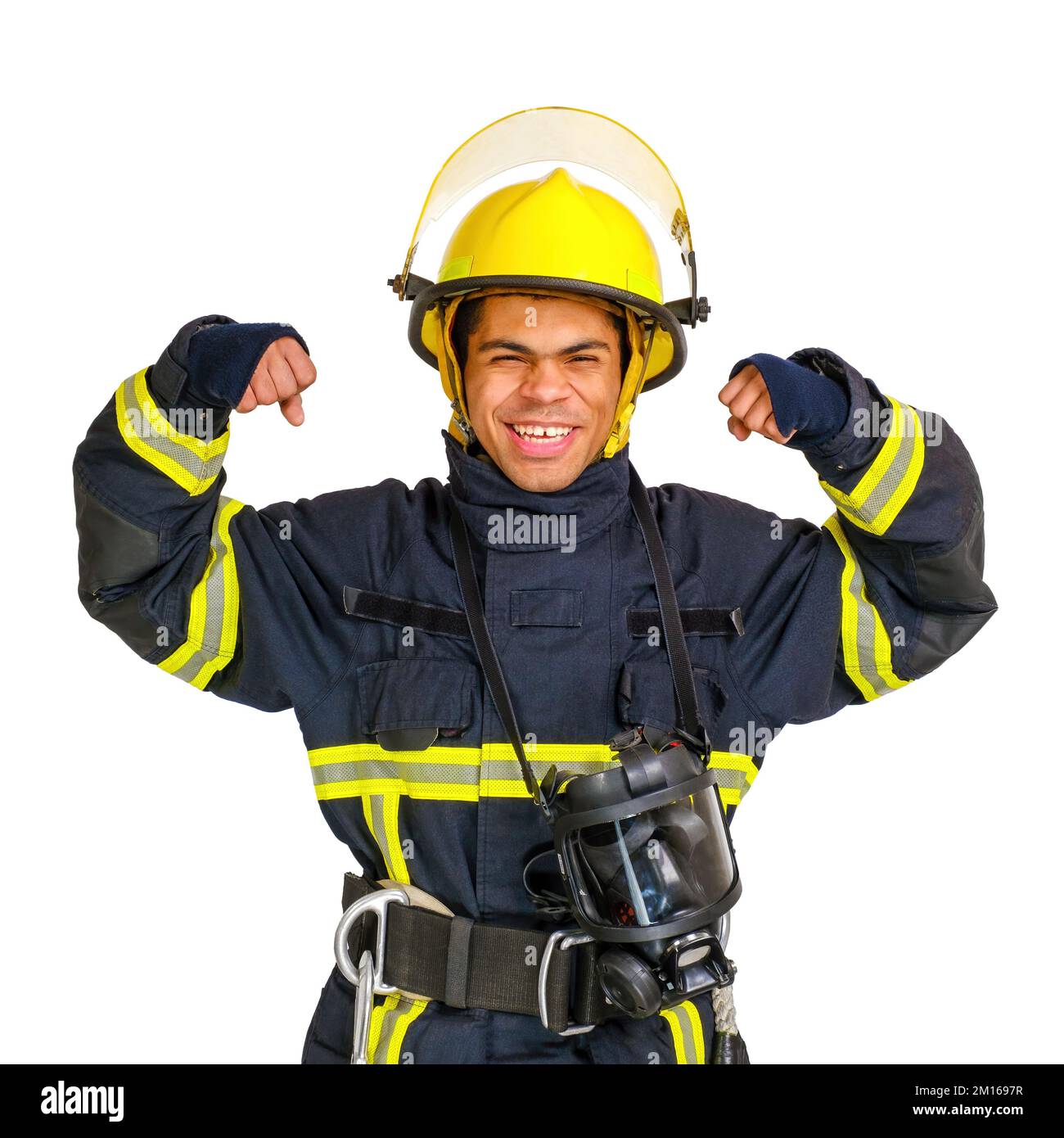 Fireman in fireproof uniform and helmet flexing his biceps Stock Photo ...