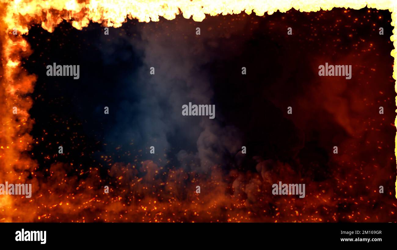 burning lines of fire frame on smoke backdrop - abstract 3D ...