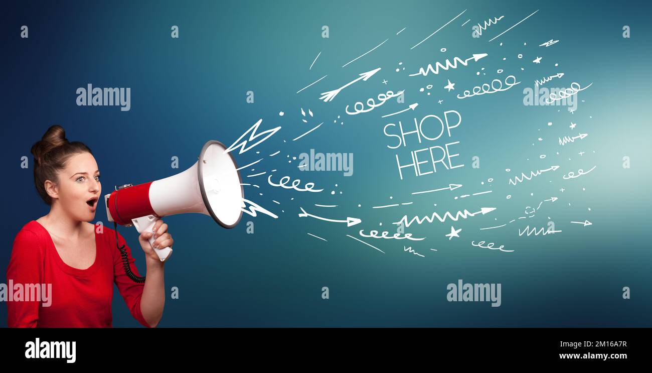 Young girl screaming to megaphone Stock Photo - Alamy