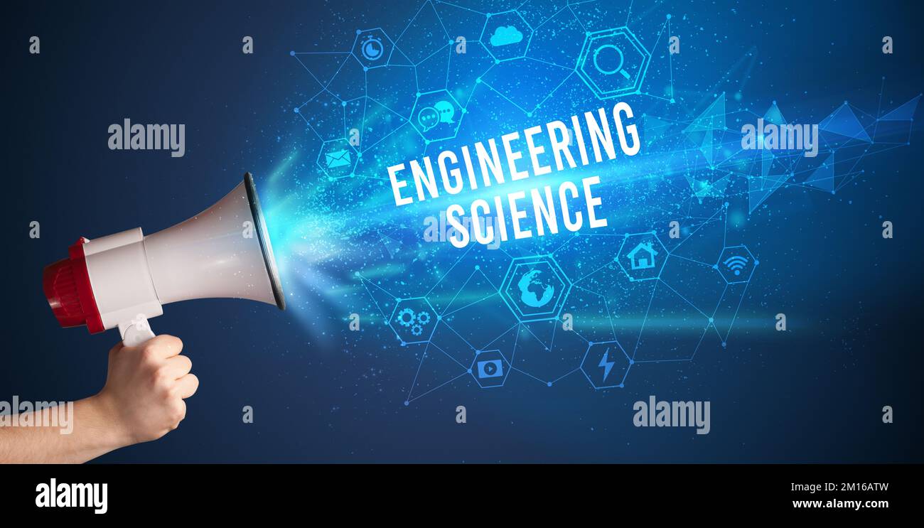 Young woman shouting in megaphone, technology announcement concept ...