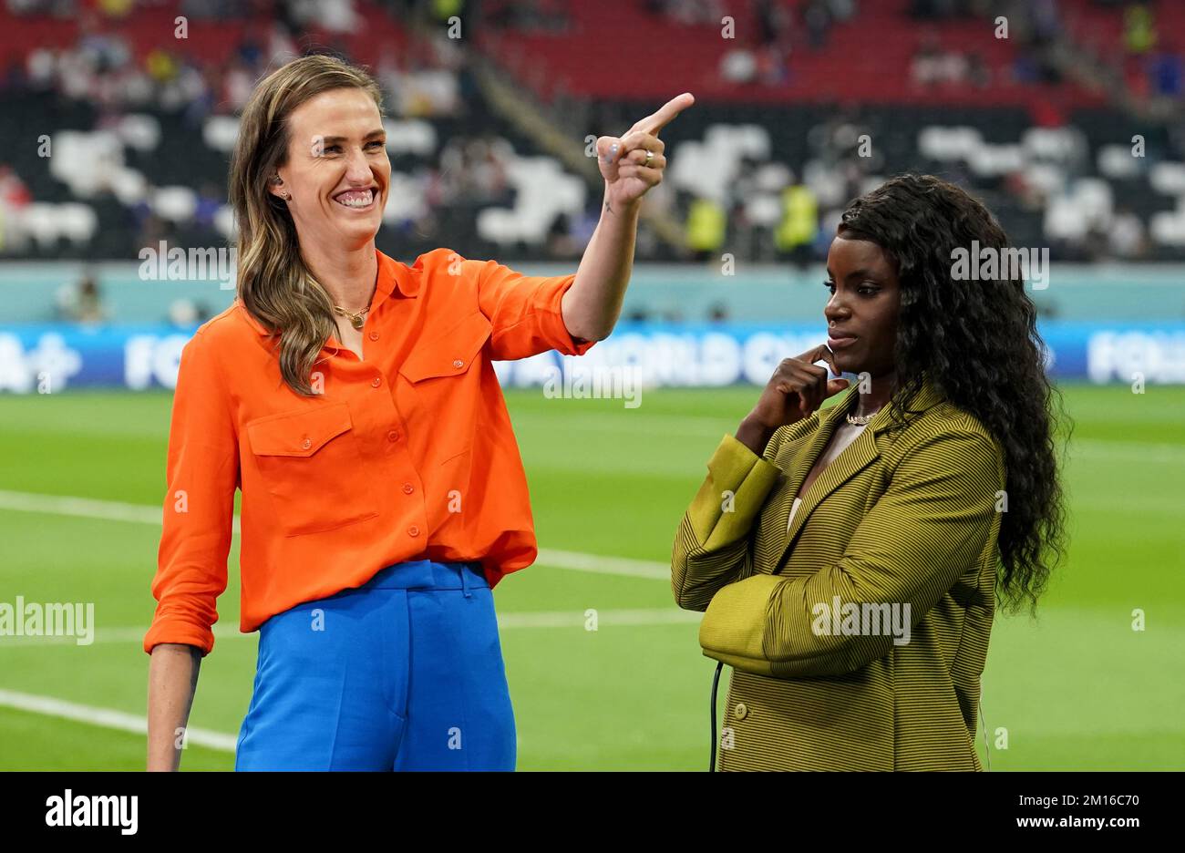 Jill Scott (left) and Eniola Aluko working for ITV Sport before the ...