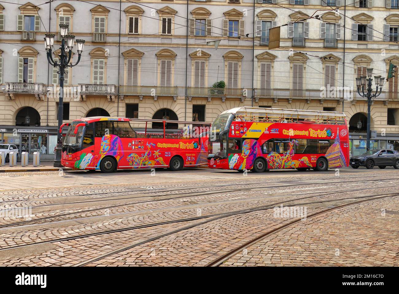 A view of the city sightseeing buses parked in aulic square ready for ...