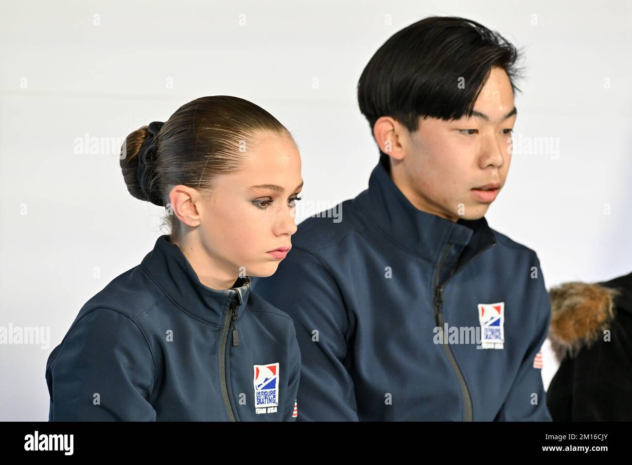 Cayla SMITH & Andy DENG (USA), at Kiss & Cry, during Junior Pairs Free ...