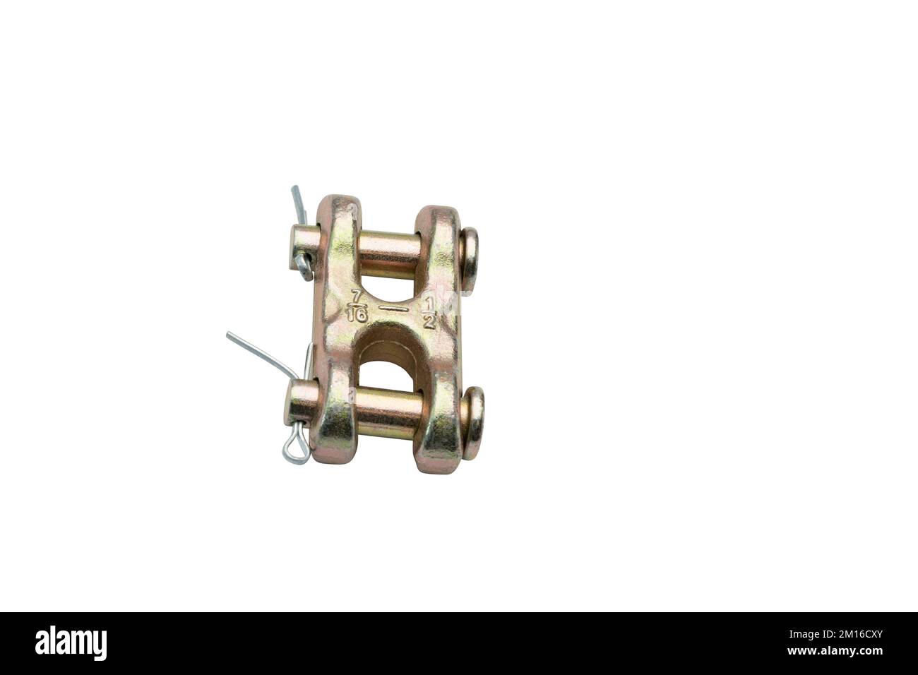 A pair of double metal chain clevis links isolated on a white ...