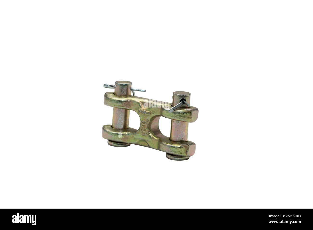 A pair of double metal chain clevis links isolated on a white ...