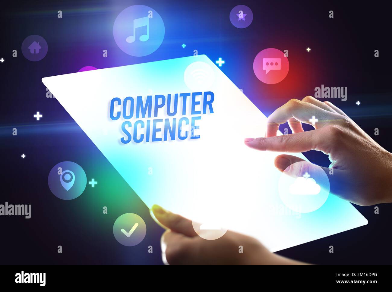 Holding futuristic tablet, new media concept Stock Photo - Alamy