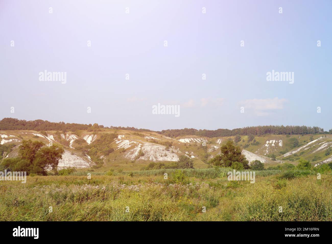 Ancient multimillion chalk mountains on the steppe surface of earth ...