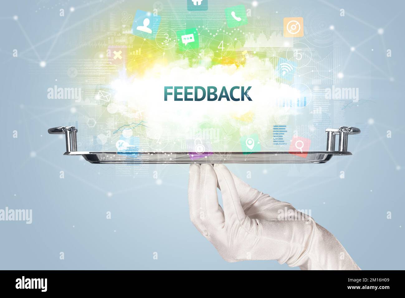 Waiter serving social networking concept Stock Photo - Alamy