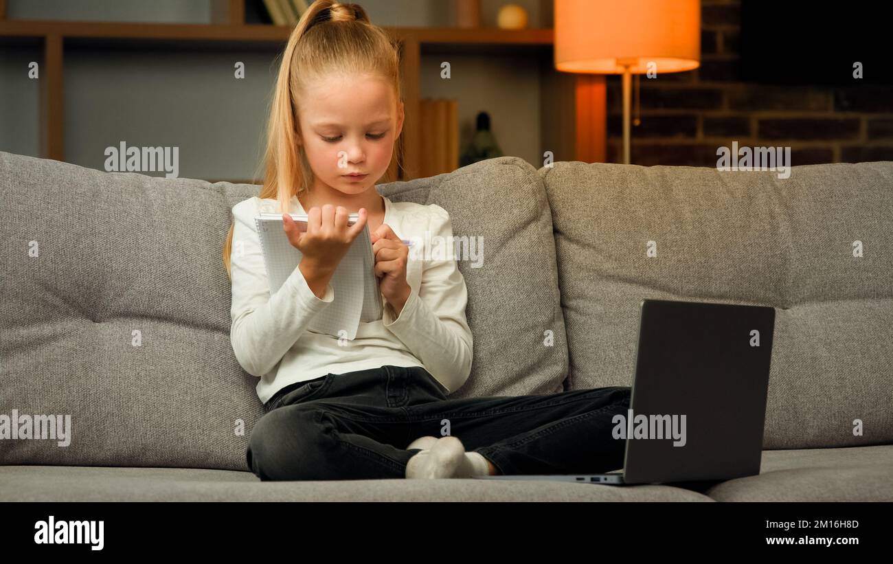 Concentrated pupil girl making homework at copybook on cosy sofa ...