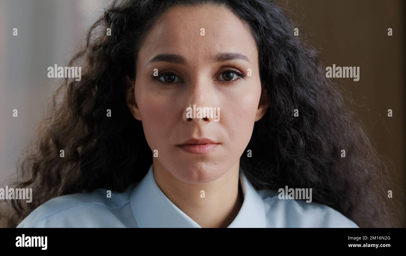 Close up serious female face beautiful woman with natural makeup ...