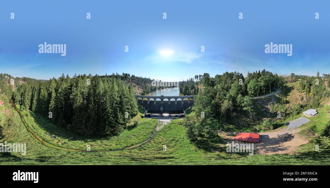 An aerial view of the stone dam with an arch bridge of the Sedlice ...