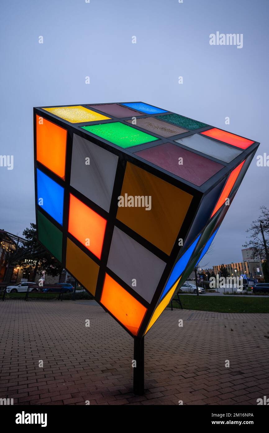 SZAZHALOMBATTA, HUNGARY - DECEMBER 9 2022: Rubik cube statue on the ...