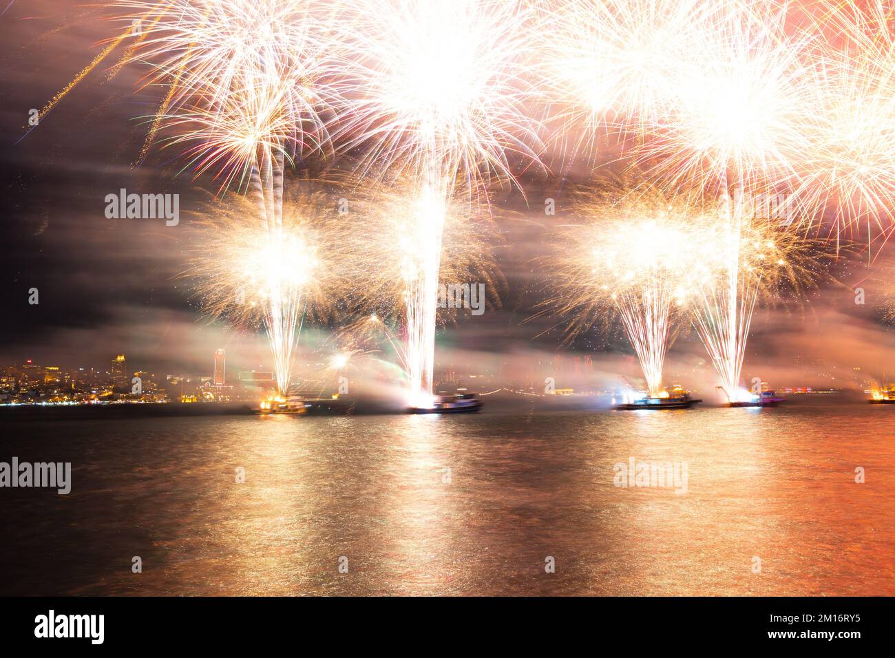 Fireworks show over the sea. Celebration background photo. Long ...