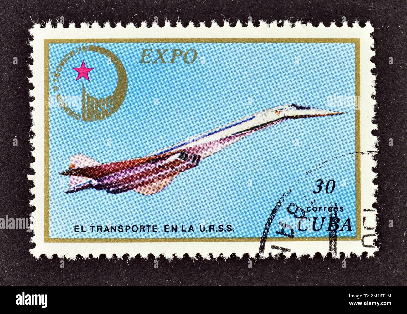 Cancelled postage stamp printed by Cuba, that shows Tupolev supersonic ...