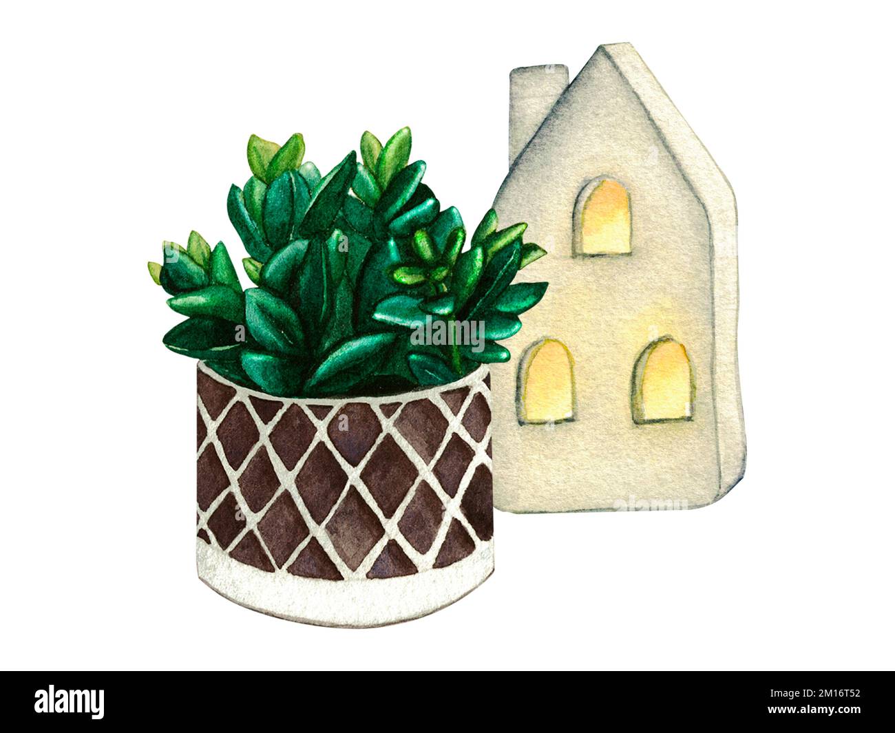Houseplant in a pot and a ceramic house flashlight. Watercolor ...