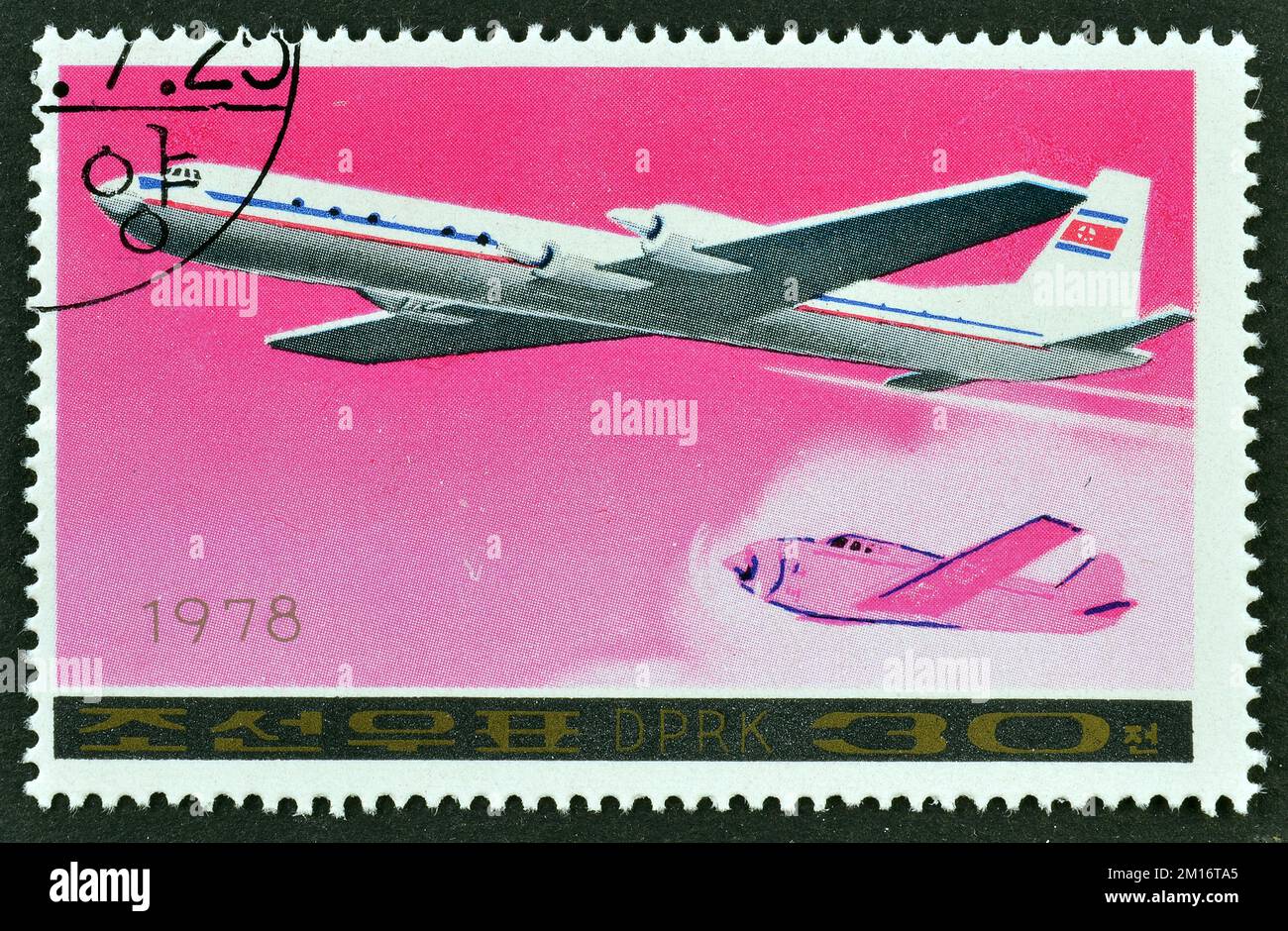 Cancelled postage stamp printed by North Korea, that shows Airplane Il ...