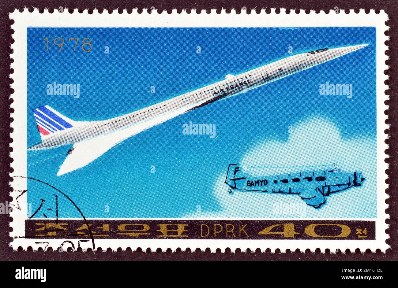 Cancelled postage stamp printed by North Korea, that shows Concorde ...