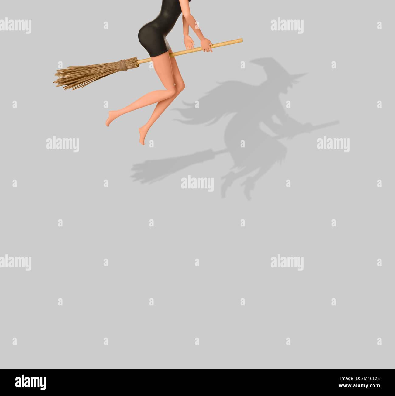 A 3D rendering of a Halloween witch riding a broomstick with the ...