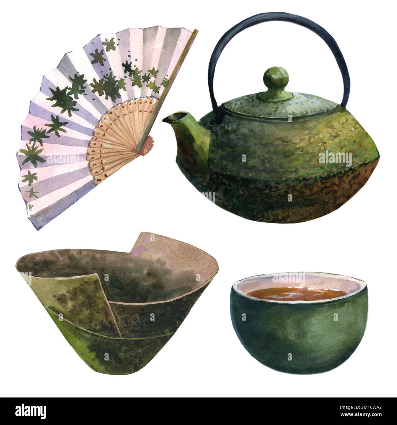 Watercolor asian tea set with dack green teapot, green cup of tea ...