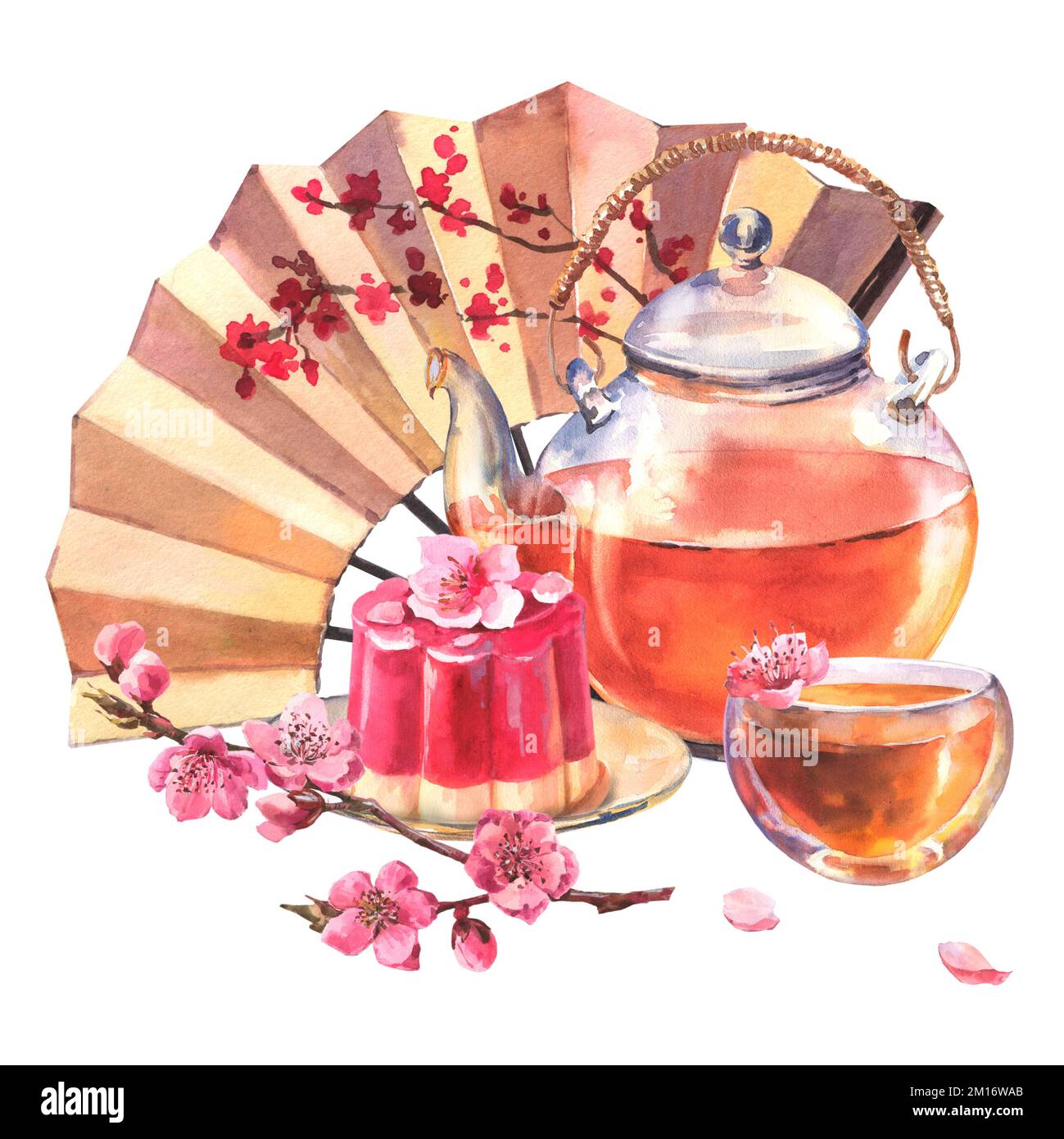 Watercolor asian tea composition with transporant teapot, cup of tea ...