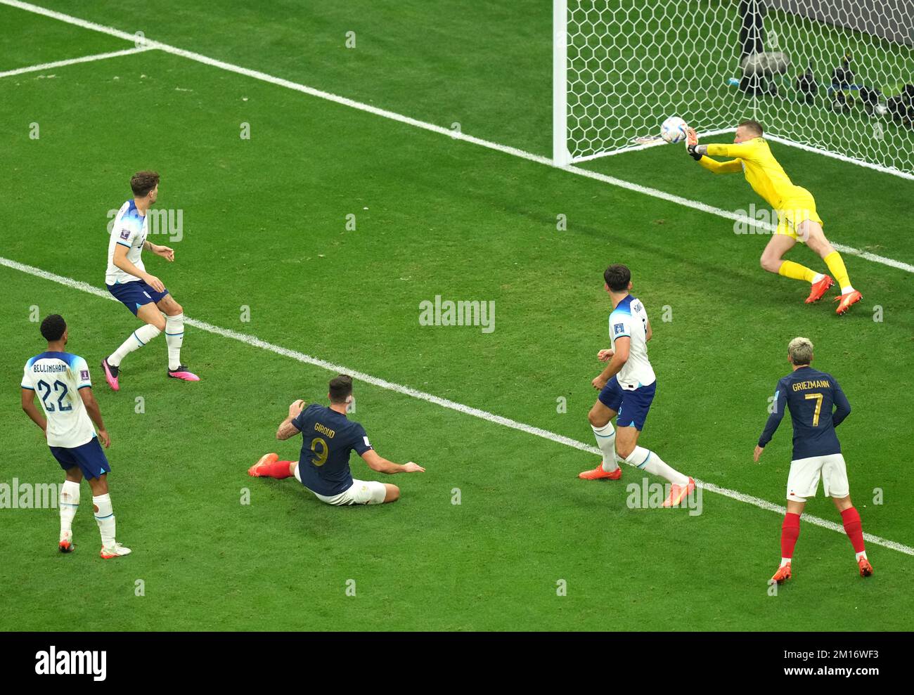 England goalkeeper Jordan Pickford saves a shot from France's Olivier ...