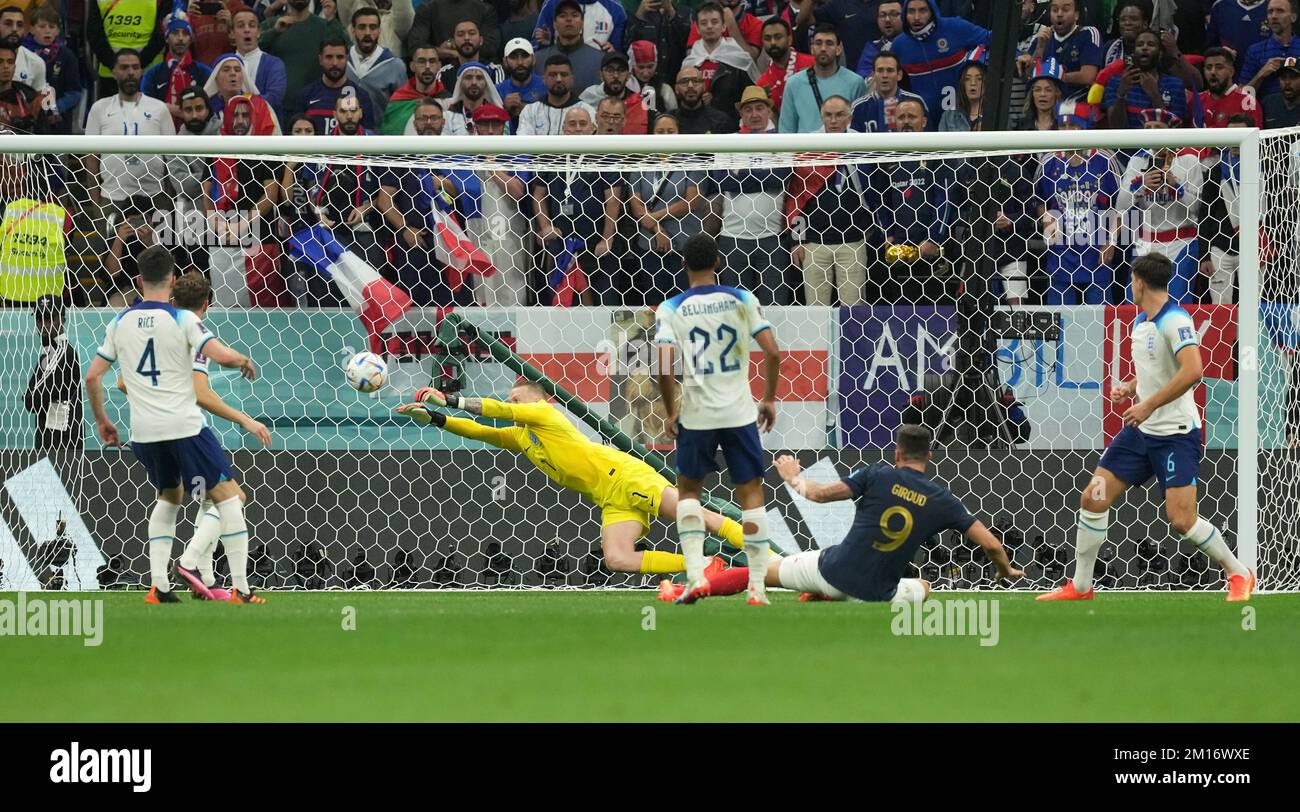 England goalkeeper Jordan Pickford dives in vain as France's Olivier ...