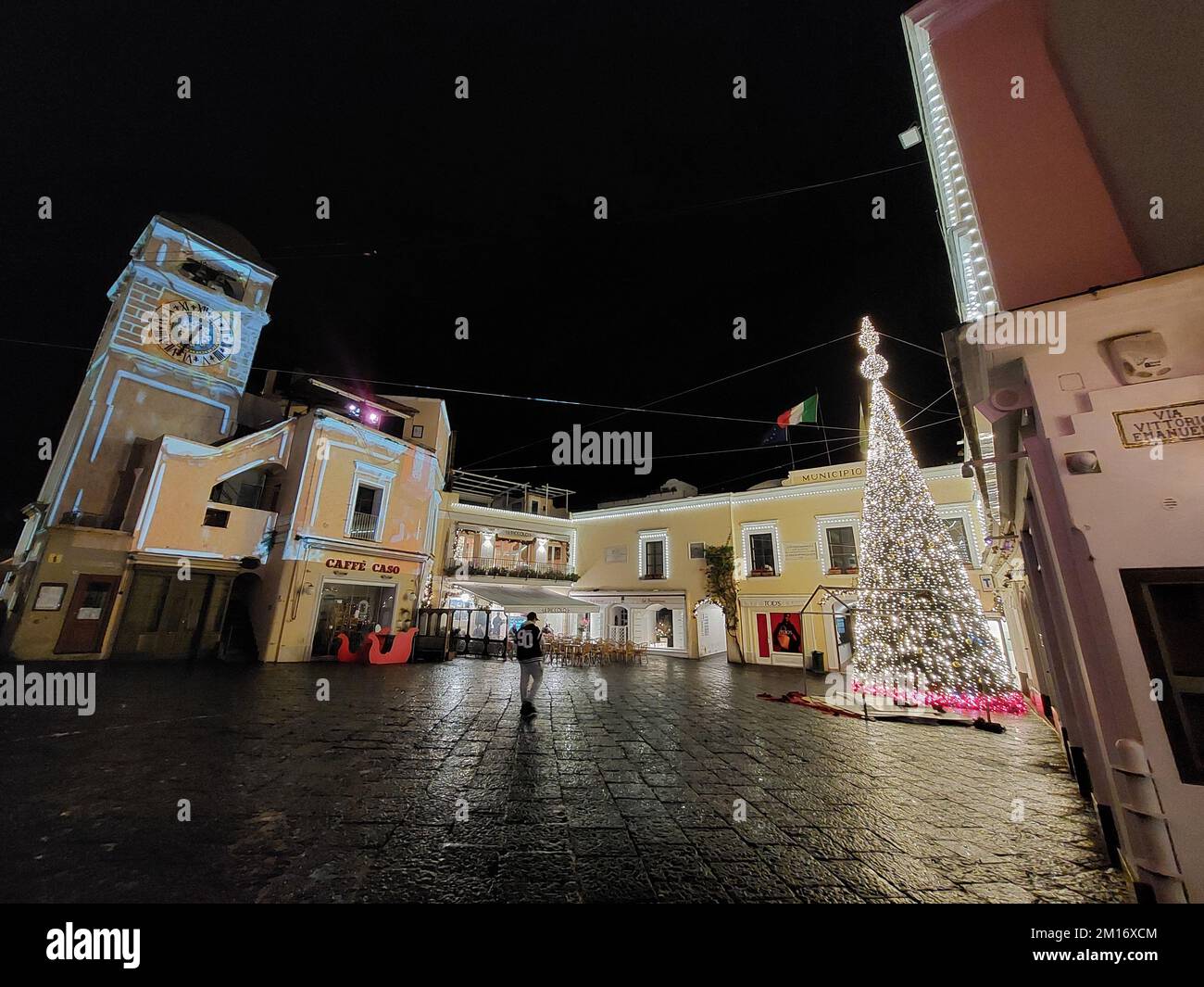 Christmas decorations and lights in the square of Capri island (Italy ...