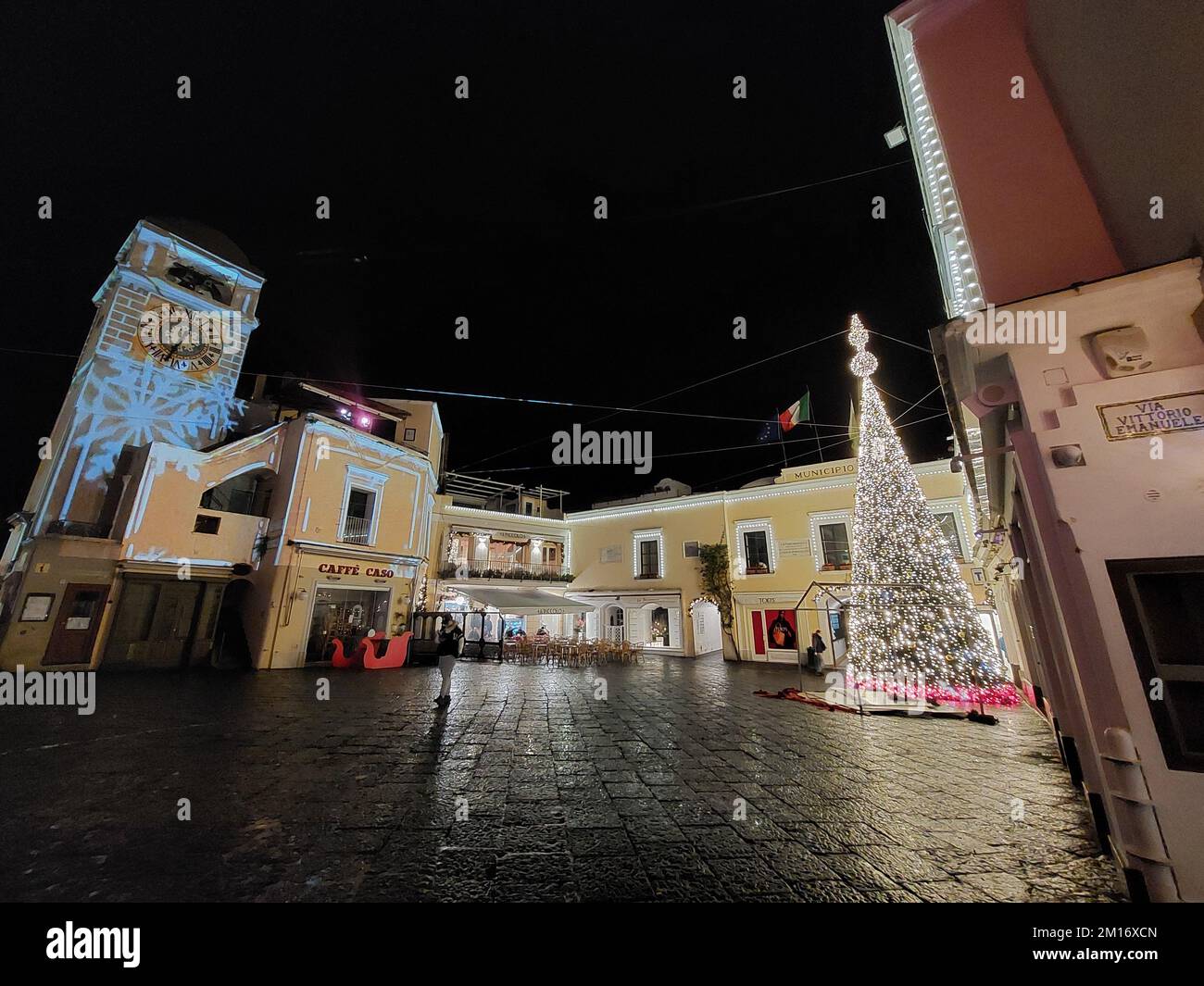 Christmas decorations and lights in the square of Capri island (Italy ...