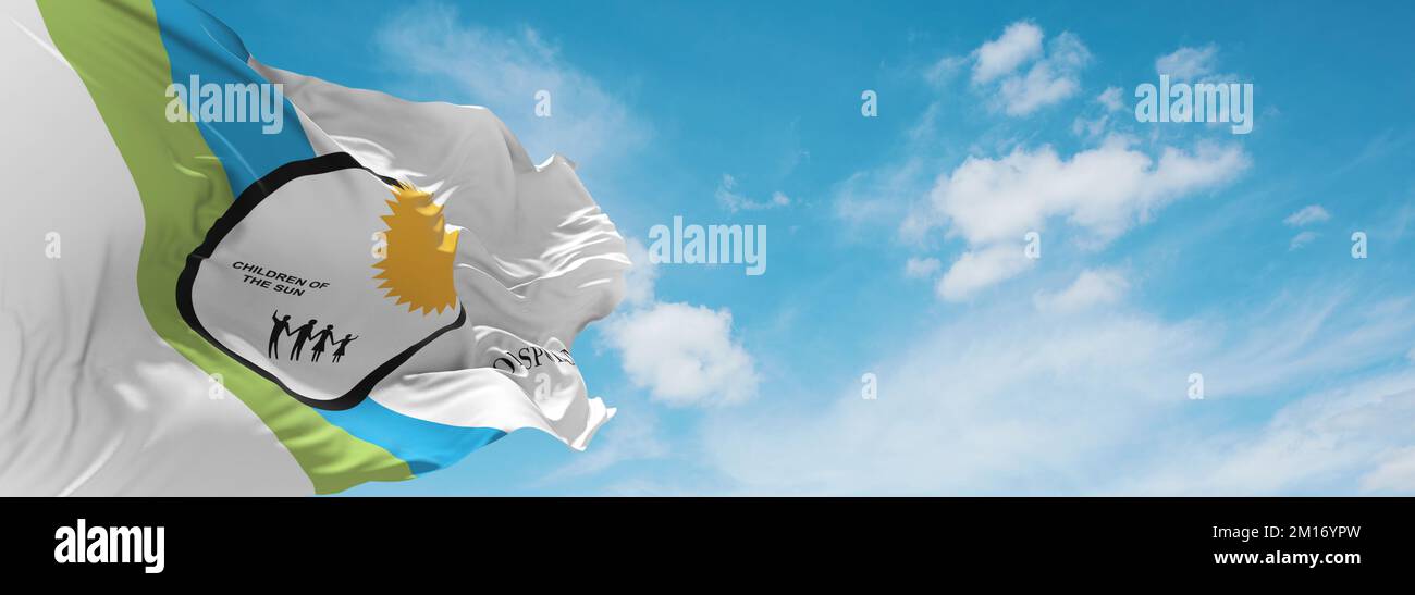 official flag of Spokane, Washington untied states of America at cloudy ...