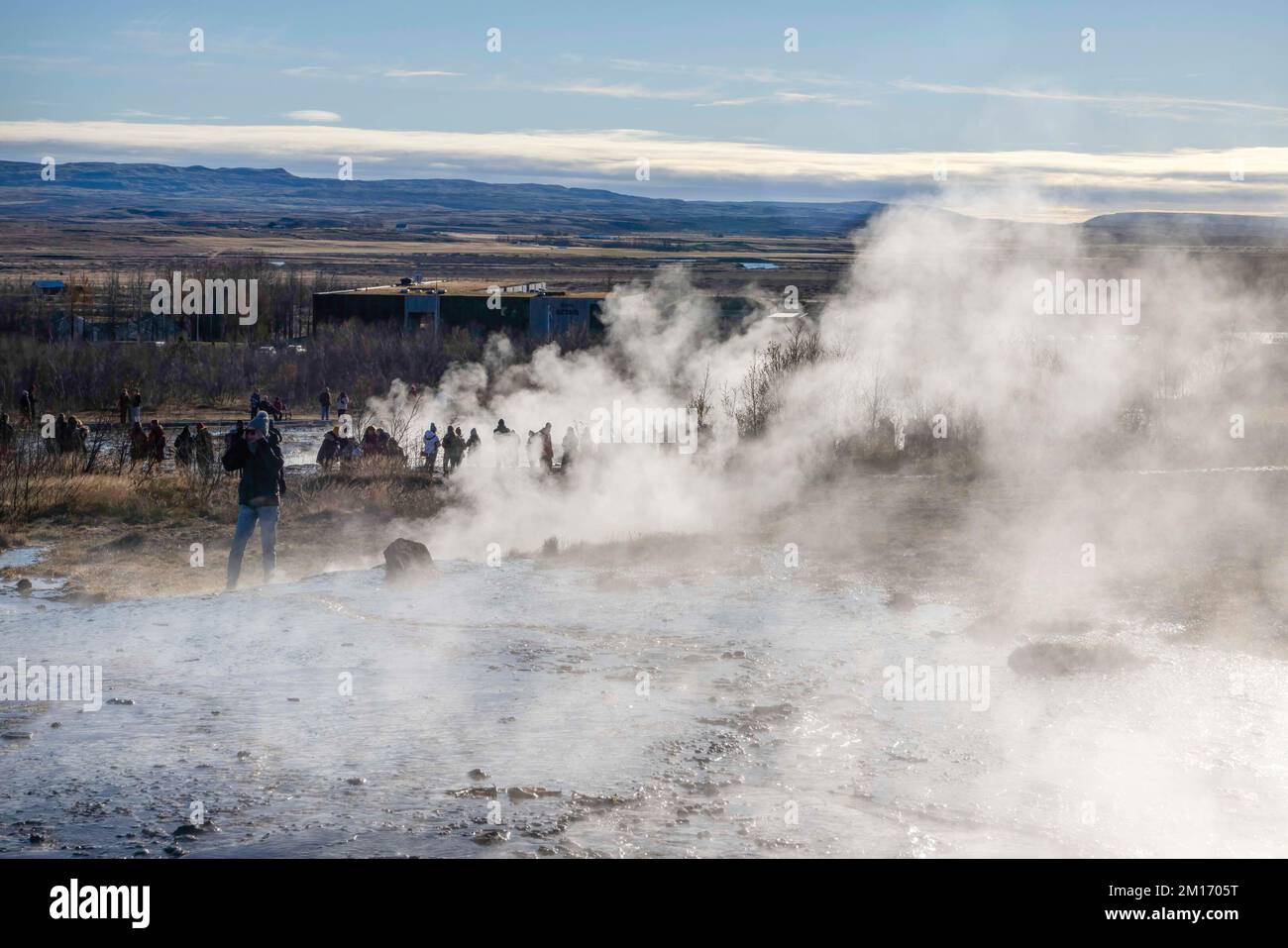 General view of the fumaroles at the Haukadalur geothermal park, The ...