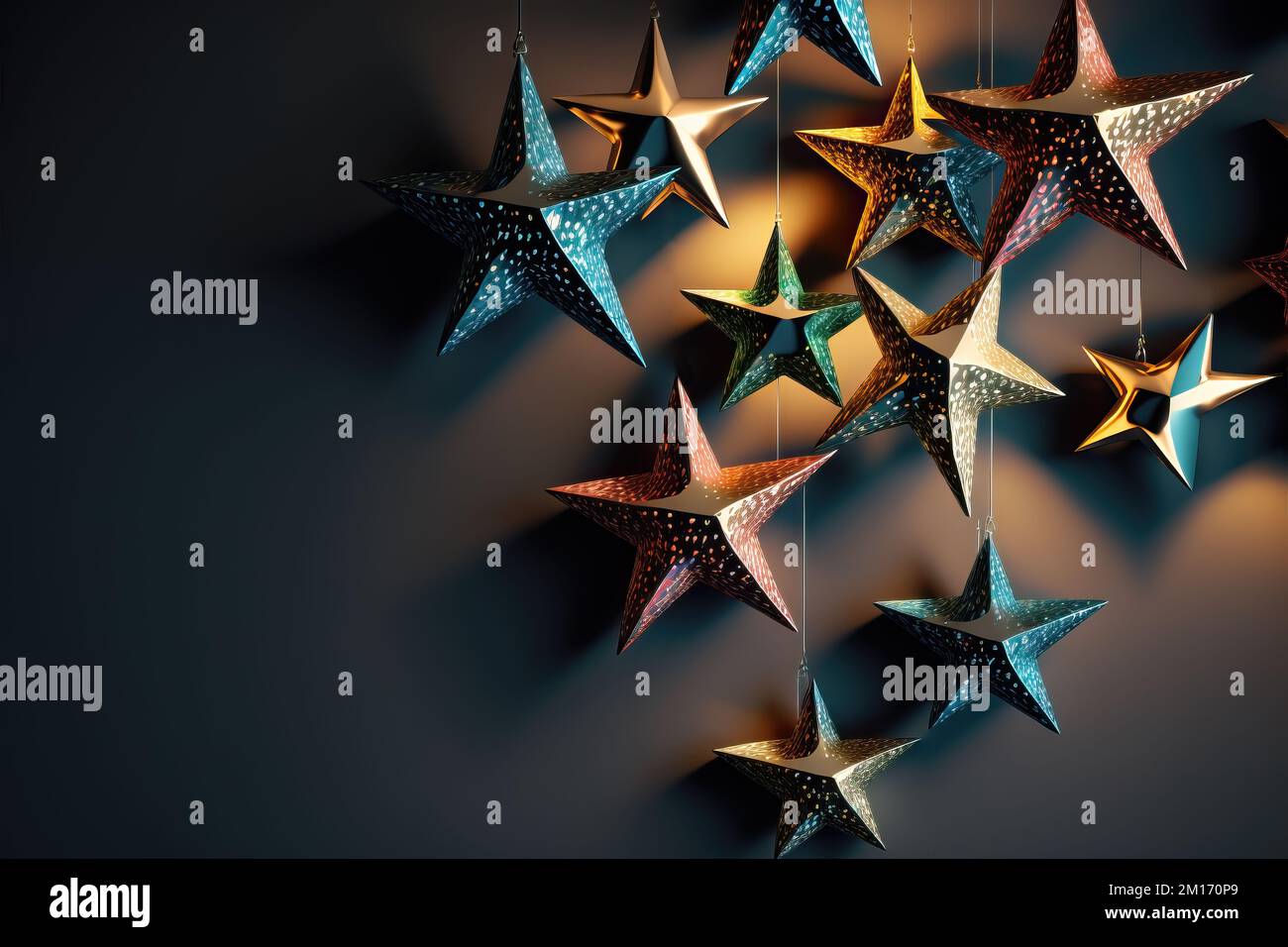 shiny stars on strings on a dark background Stock Photo - Alamy