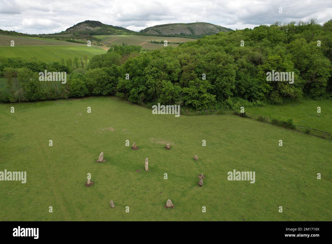 An aerial view of the Stonehenge stone circle of menhir stones by ...
