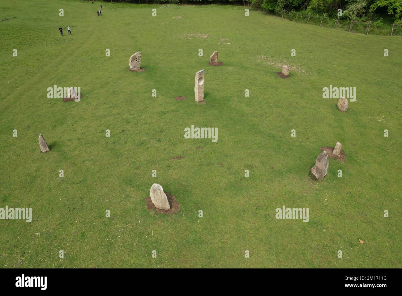 An aerial view of the Stonehenge stone circle of menhir stones by ...
